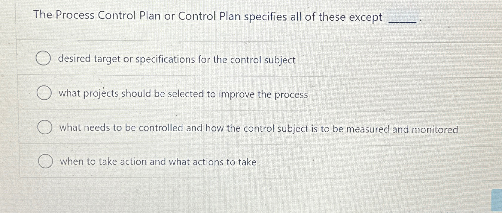 Solved The Process Control Plan or Control Plan specifies | Chegg.com