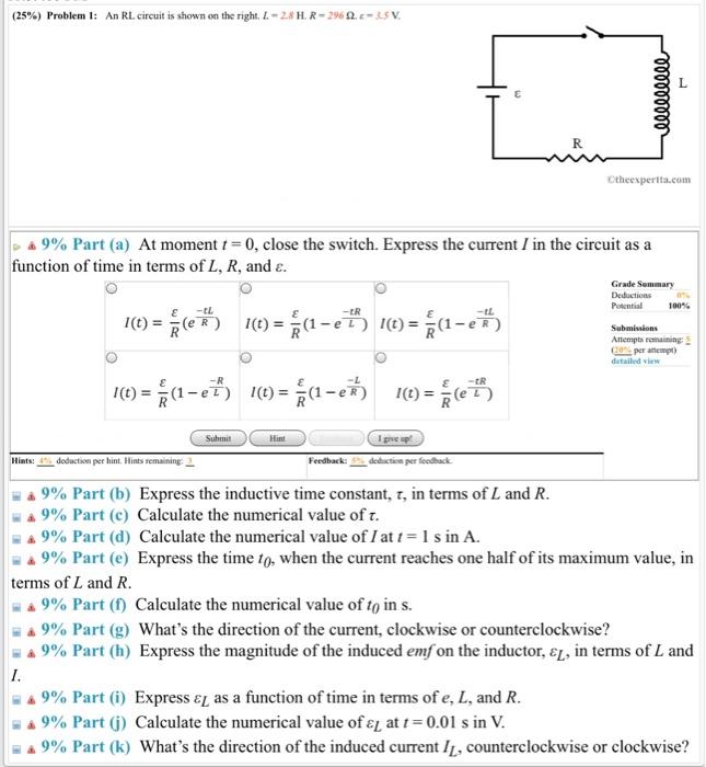 Solved (25%) Problem: An RL circuit is shown on the right. | Chegg.com