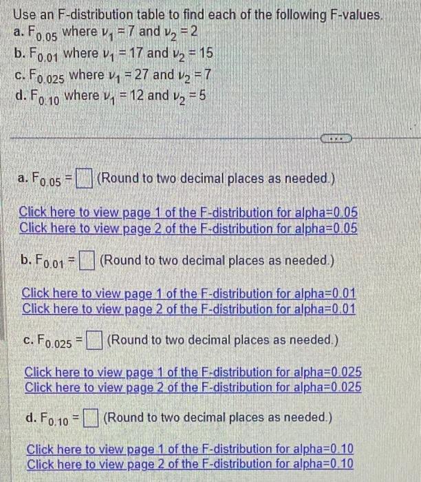 Solved Use an F-distribution table to find each of the | Chegg.com