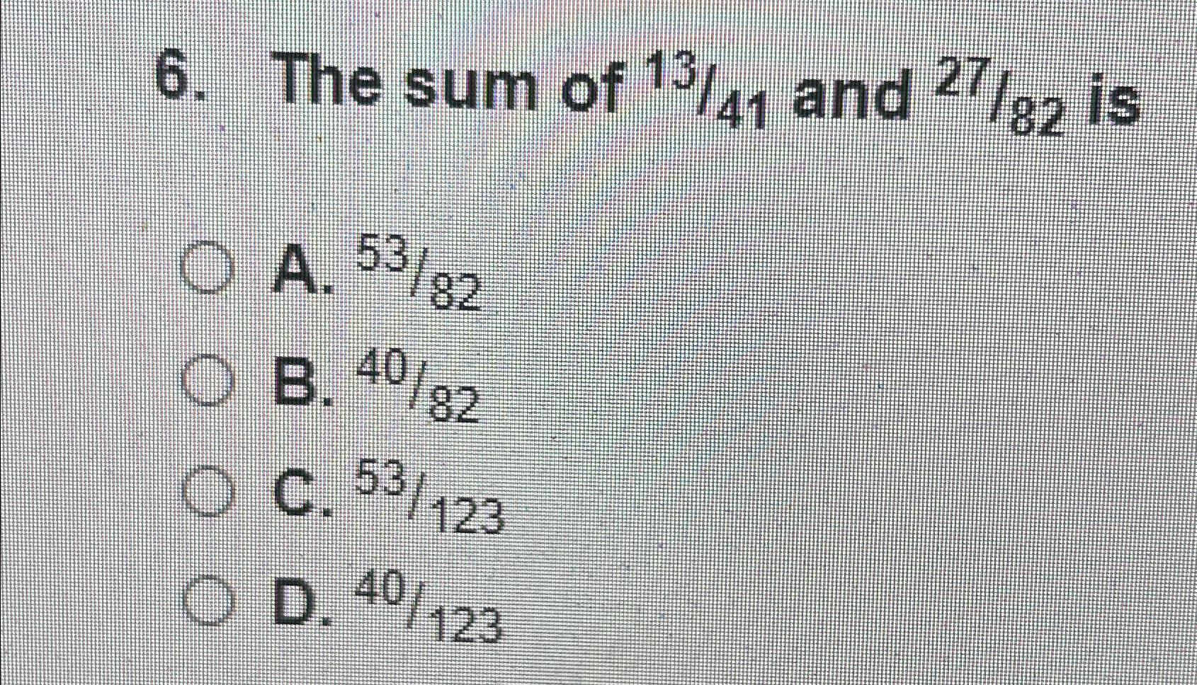 Solved The sum of 13/41 ﻿and 27/82 | Chegg.com
