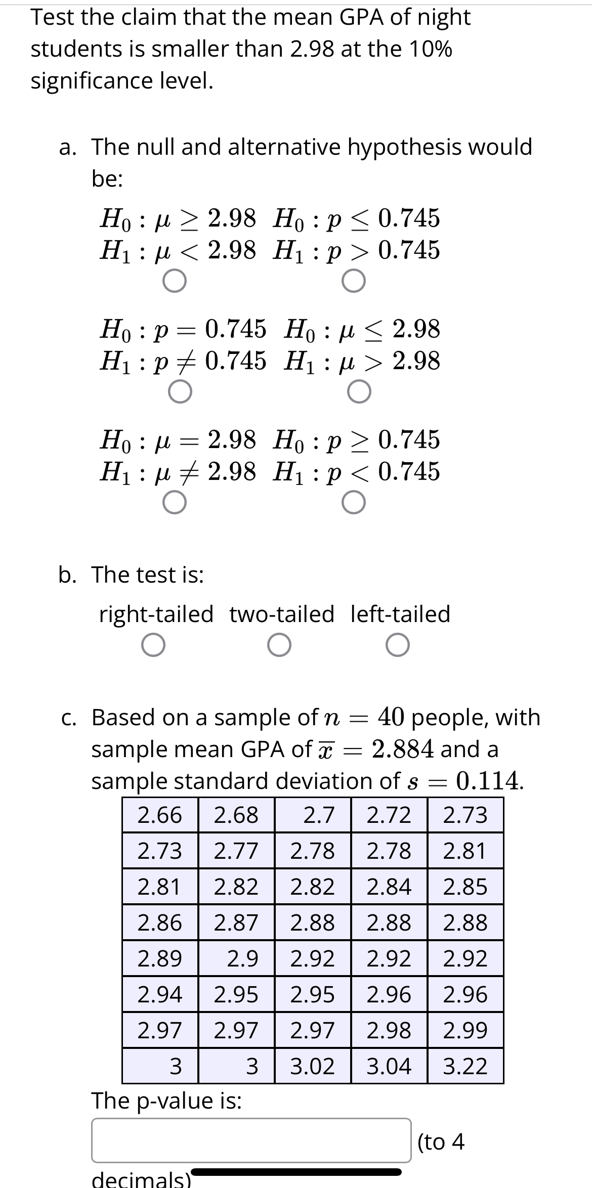 Test the claim that the mean GPA of night students is | Chegg.com