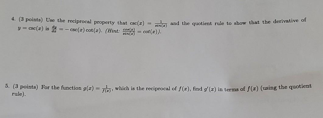 Solved 4. (3 points Use the reciprocal property that csc(1) | Chegg.com