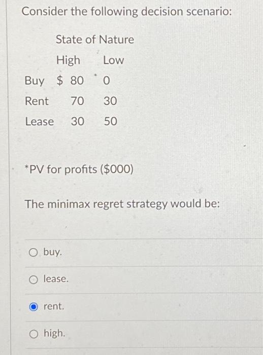 Solved Consider the following decision scenario: *PV for | Chegg.com Solved Consider the following decision scenario: *PV for | Chegg.com