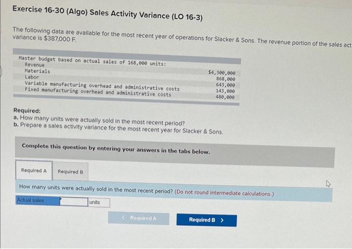 Solved Exercise 16−30 (Algo) Sales Activity Variance (LO | Chegg.com