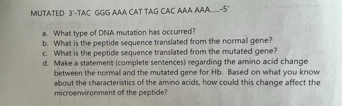 Solved MUTATED 3'-TAC GGG AAA CAT TAG CAC AAA AAA.....-5' a. | Chegg.com