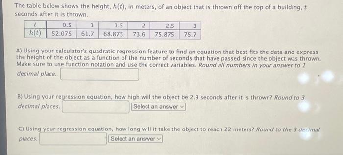 Solved The table below shows the height, h(t), in meters, of | Chegg.com