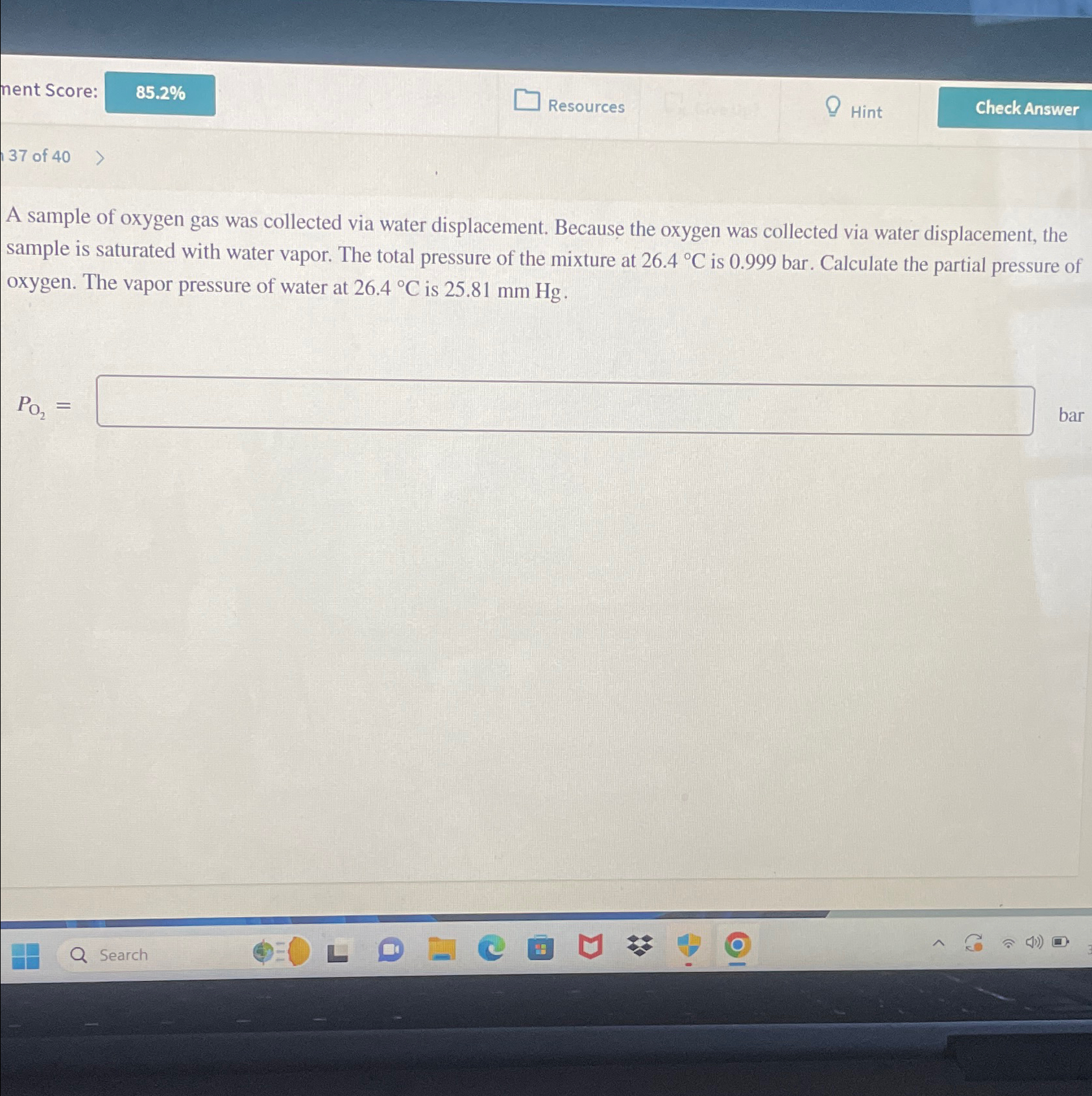 Solved ment Score:ResourcesHint37 ﻿of 40A sample of oxygen | Chegg.com