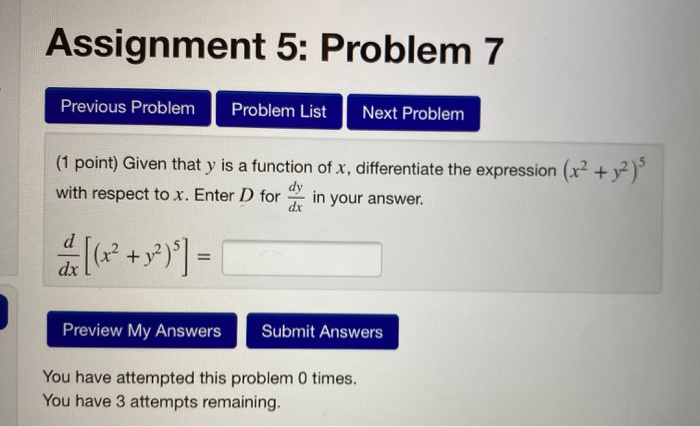 Solved Assignment 5: Problem 7 Previous Problem Problem List | Chegg.com