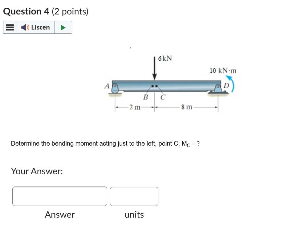 Solved Question 4 (2 ﻿points)Determine the bending moment | Chegg.com