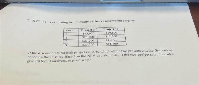 Solved 5. XYZ Inc. is evaluating two mutually exelusive | Chegg.com