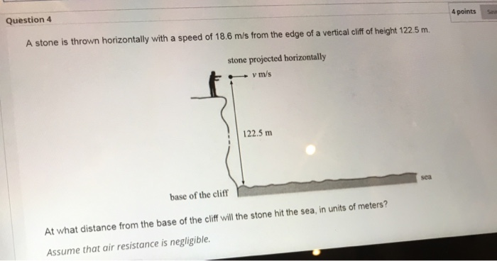 Solved 4 points Question 4 A stone is thrown horizontally | Chegg.com