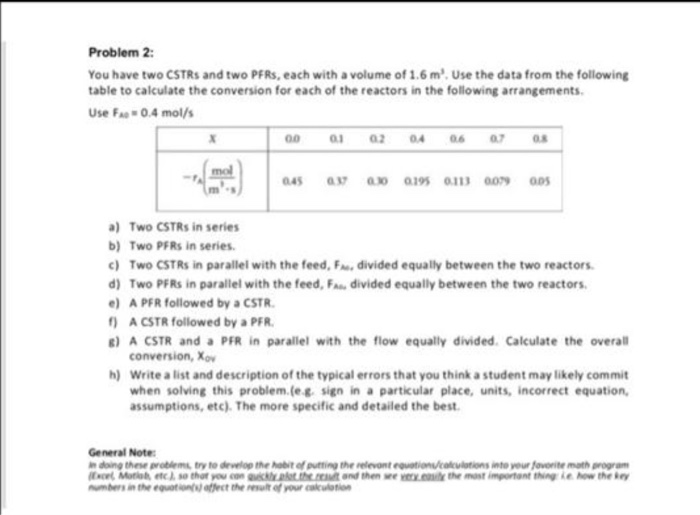 Solved Problem 2: You have two CSTRs and two PFRs, each with | Chegg.com