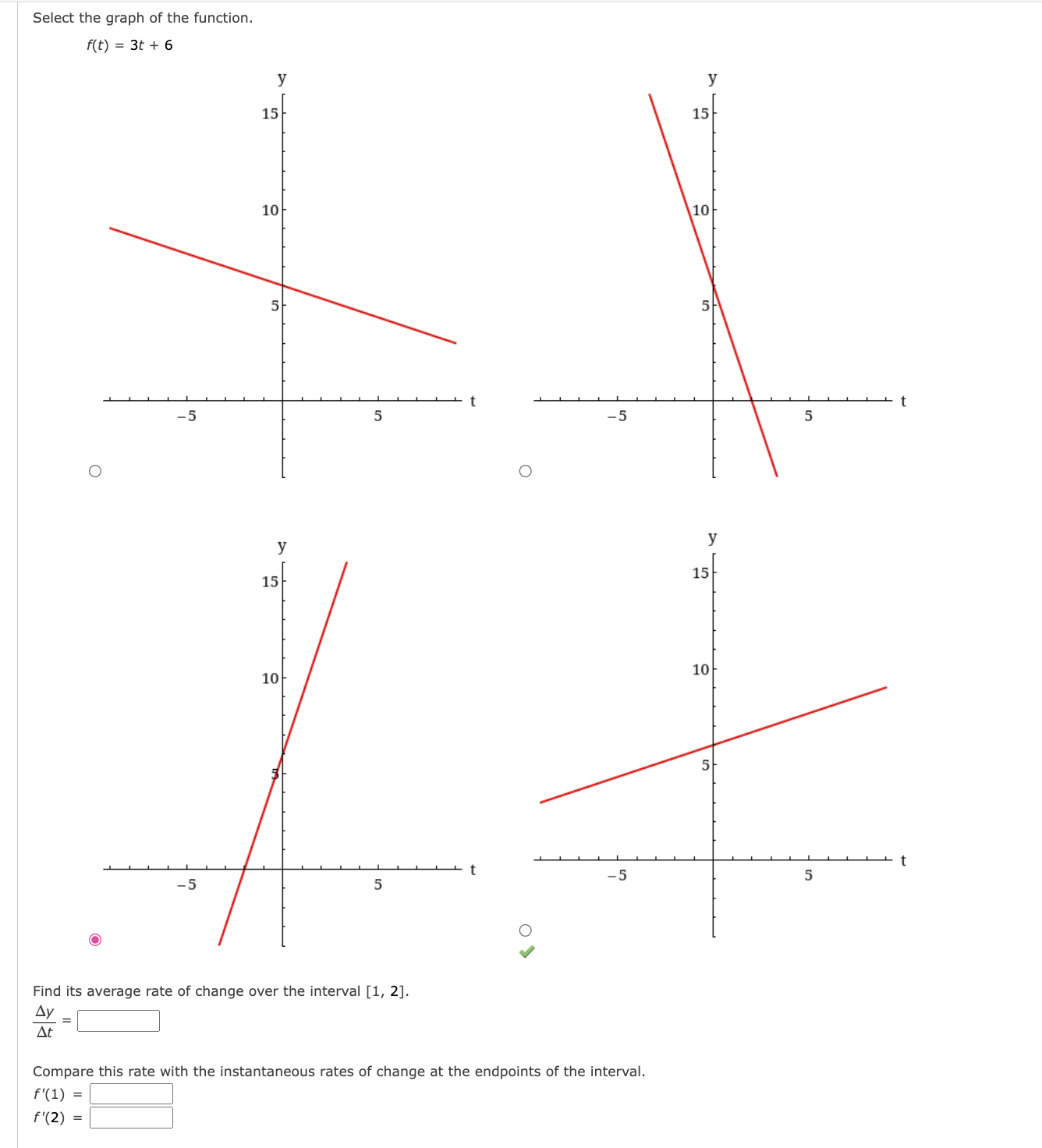 Solved Select the graph of the function.f(t)=3t+6Find its | Chegg.com