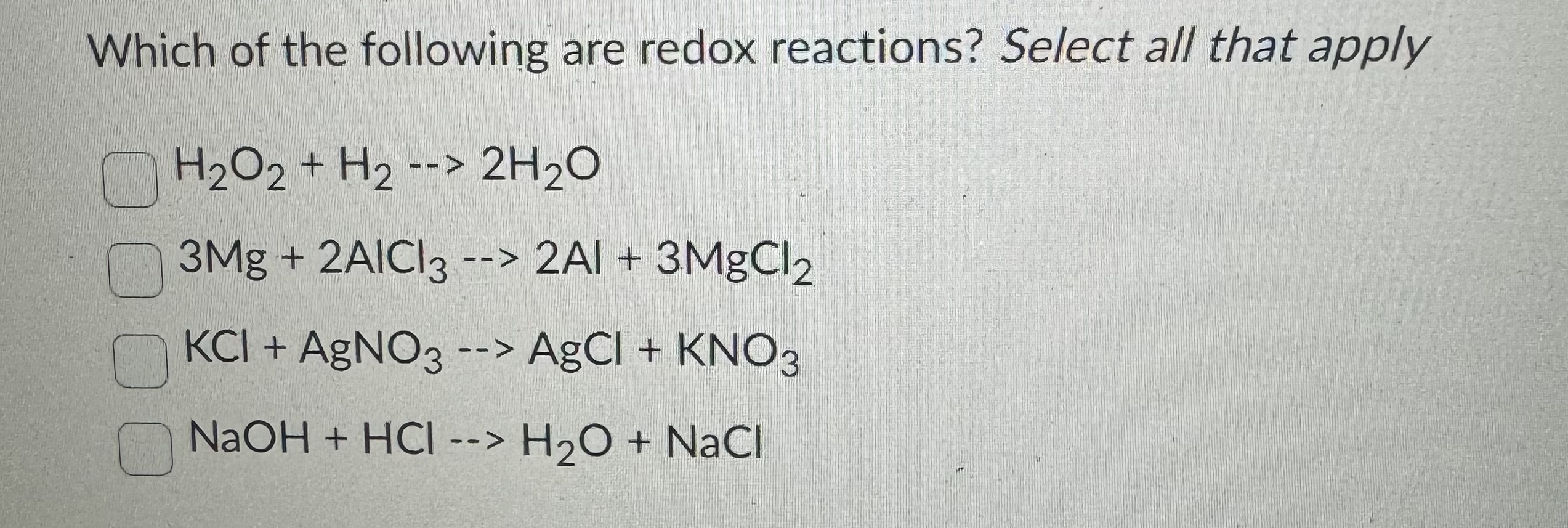 Solved Which of the following are redox reactions? Select | Chegg.com