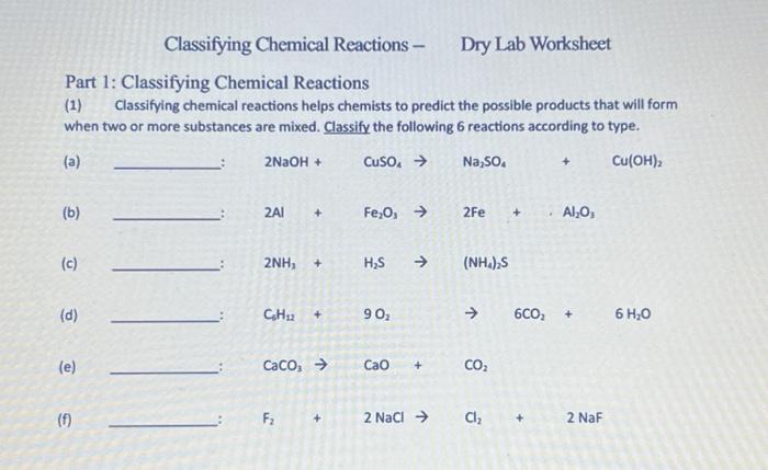 Solved Part 1: Classifying Chemical Reactions (1) | Chegg.com
