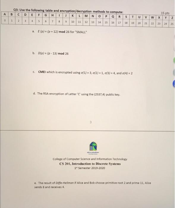 Solved Q3: Use the following table and encrvotion/decrvotion | Chegg.com