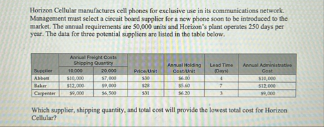 Solved Horizon Cellular manufactures cell phones for | Chegg.com