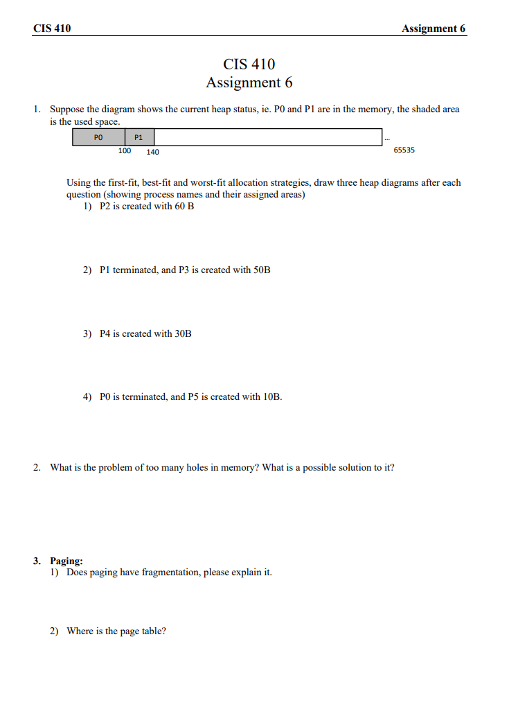 Solved CIS 410Assignment 6Suppose the diagram shows the | Chegg.com