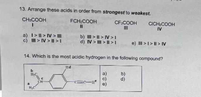 Solved 13. Arrange these acids in order from strongest to | Chegg.com