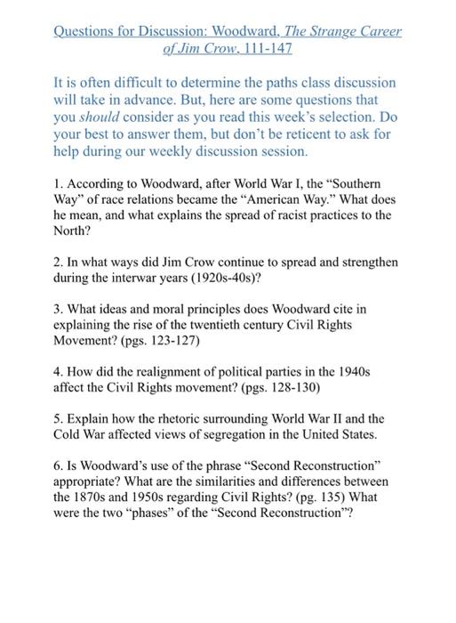 Questions for Discussion: Woodward, The Strange | Chegg.com