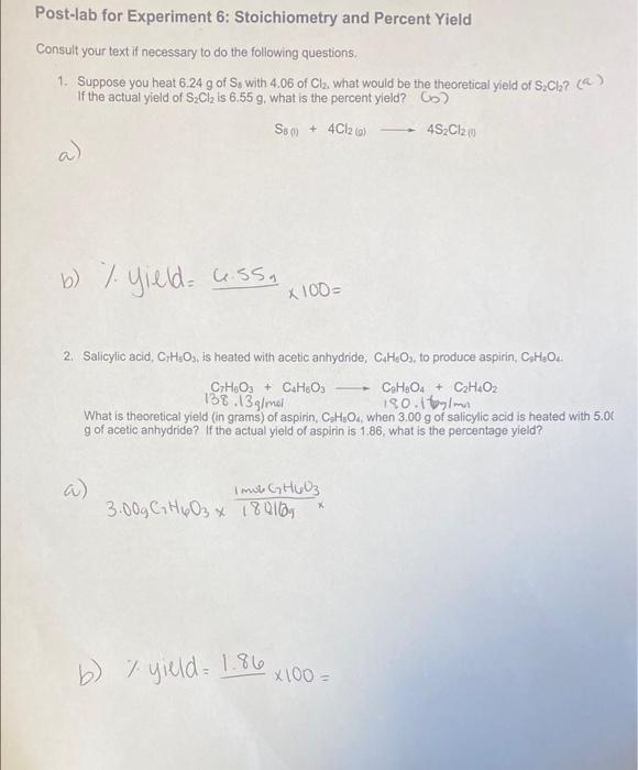 Solved Post-lab for Experiment 6: Stoichiometry and Percent | Chegg.com