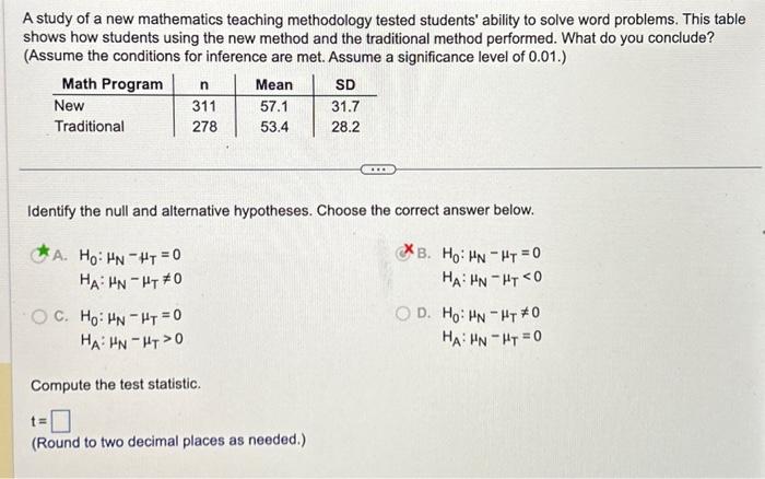 Solved A study of a new mathematics teaching methodology | Chegg.com