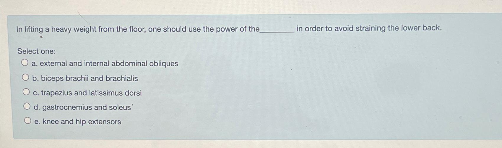 Solved In lifting a heavy weight from the floor, one should | Chegg.com