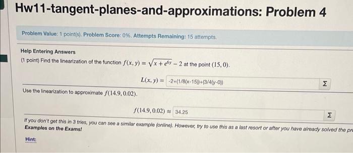 Solved Hw11-tangent-planes-and-approximations: Problem 4 | Chegg.com