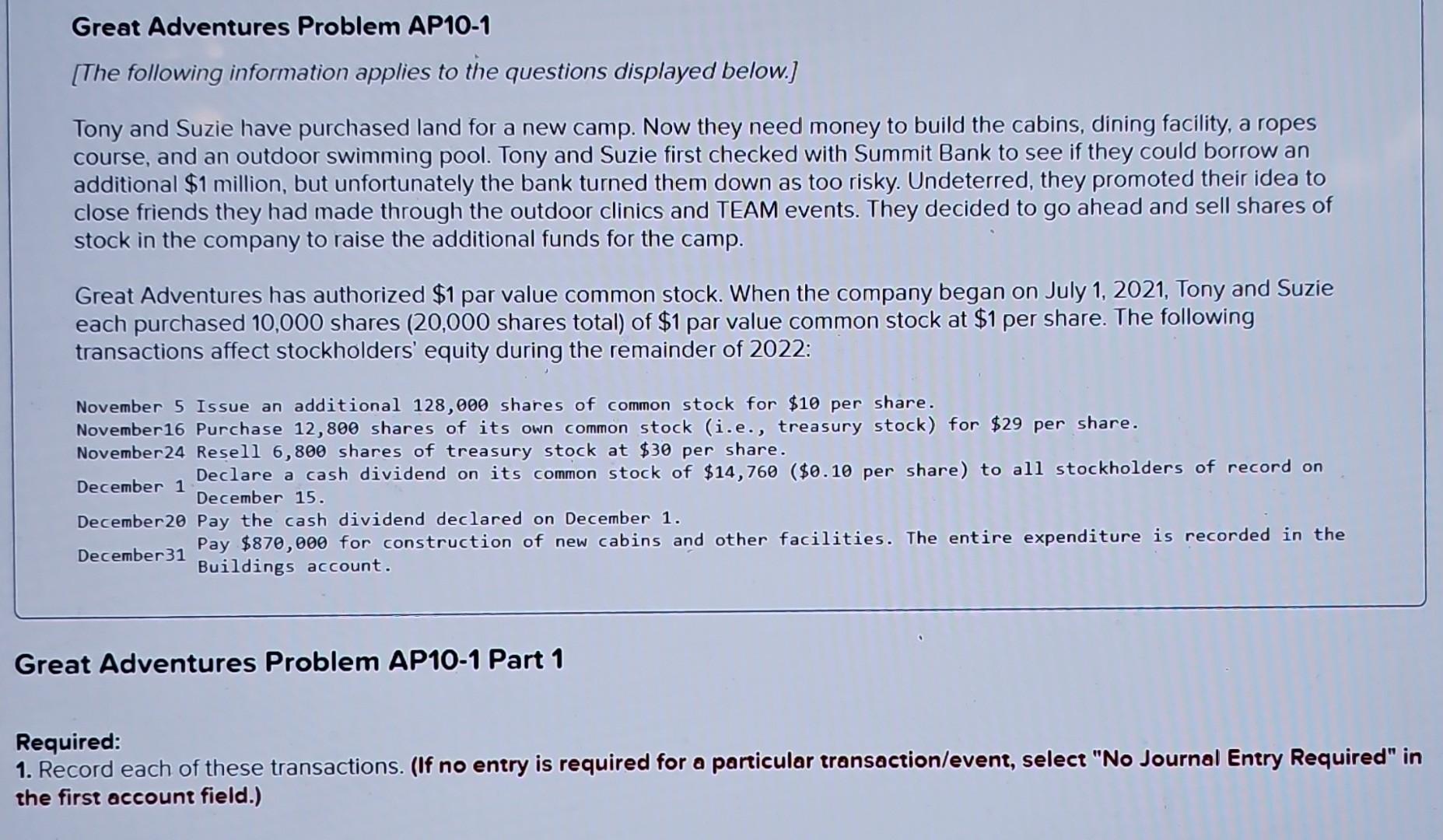 Solved Great Adventures Problem AP10-1 [The following | Chegg.com