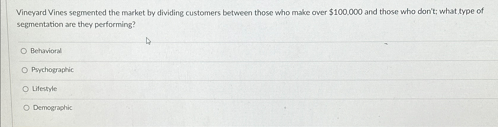 Solved Vineyard Vines segmented the market by dividing | Chegg.com