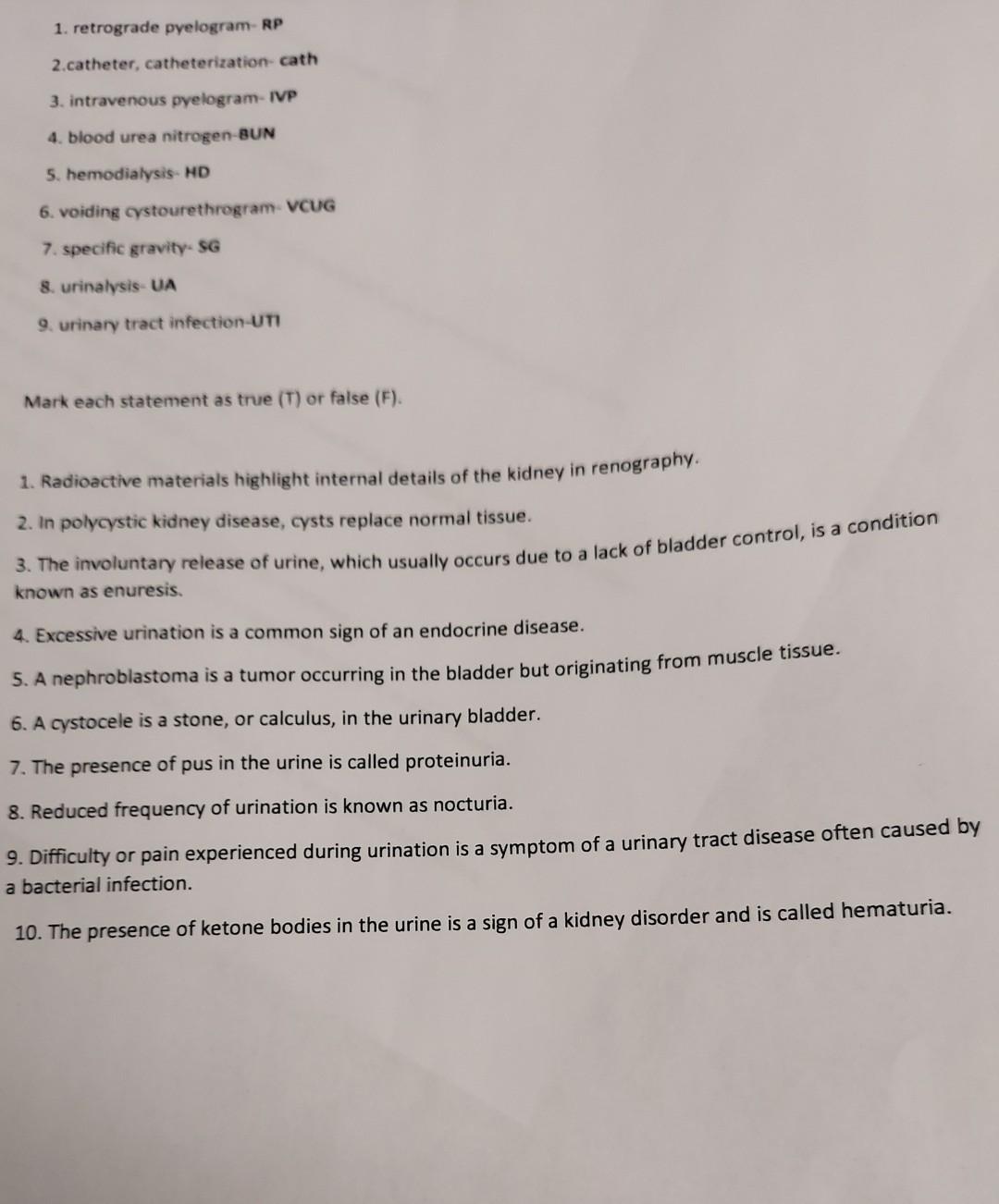 Solved 1. retrograde pyelogram-RP 2.catheter, | Chegg.com