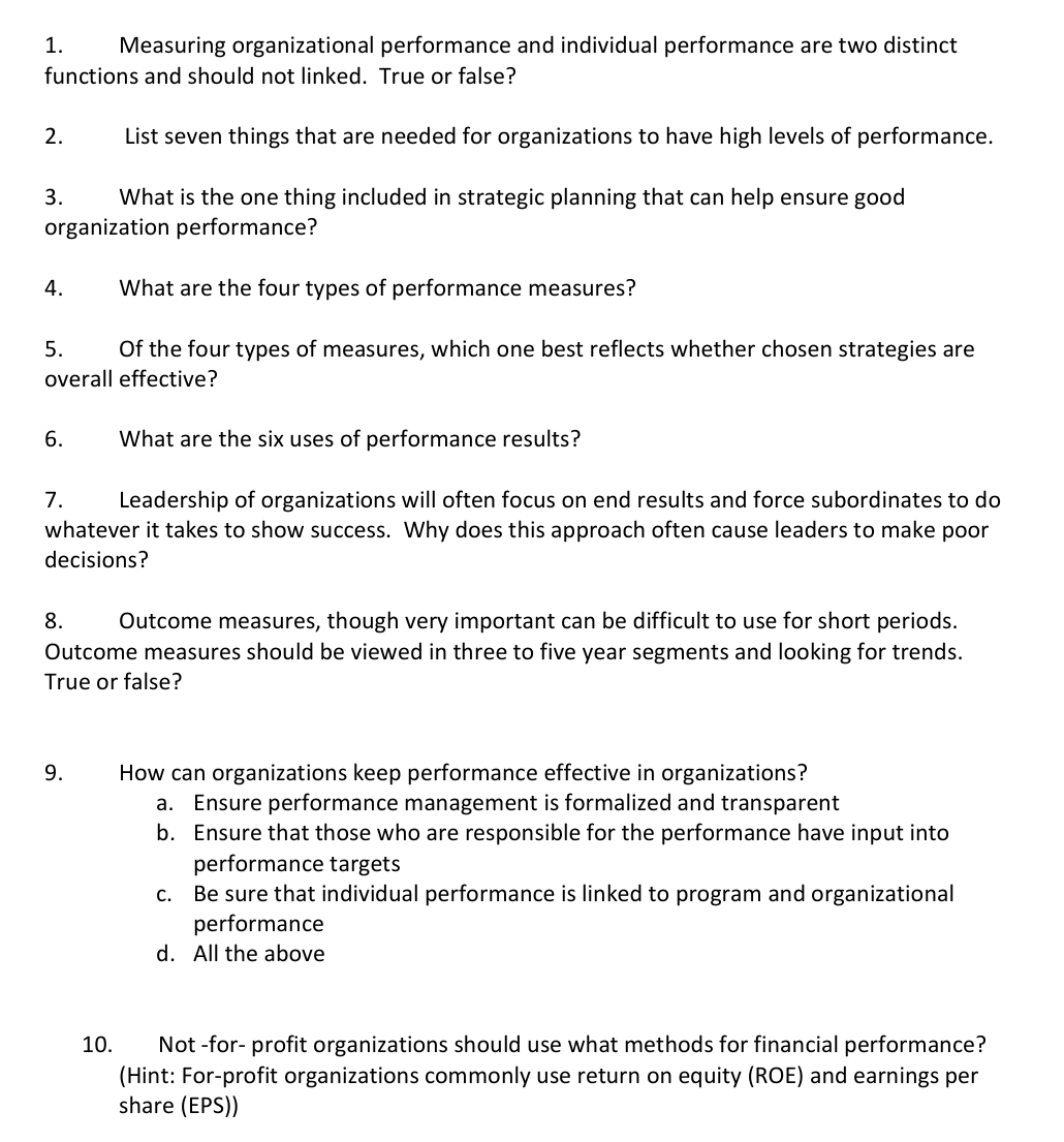 Solved 1. ﻿Measuring organizational performance and | Chegg.com