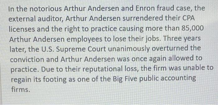 Solved In the notorious Arthur Andersen and Enron fraud | Chegg.com