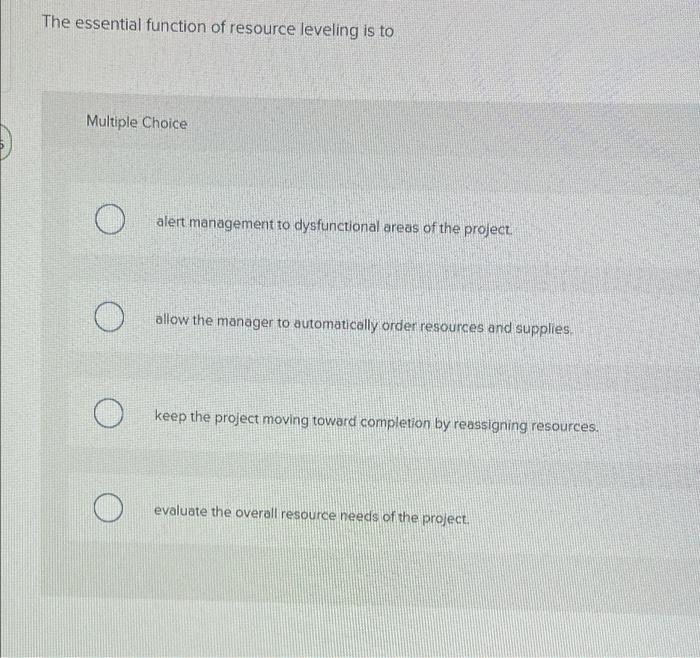 Solved The essential function of resource leveling is to | Chegg.com