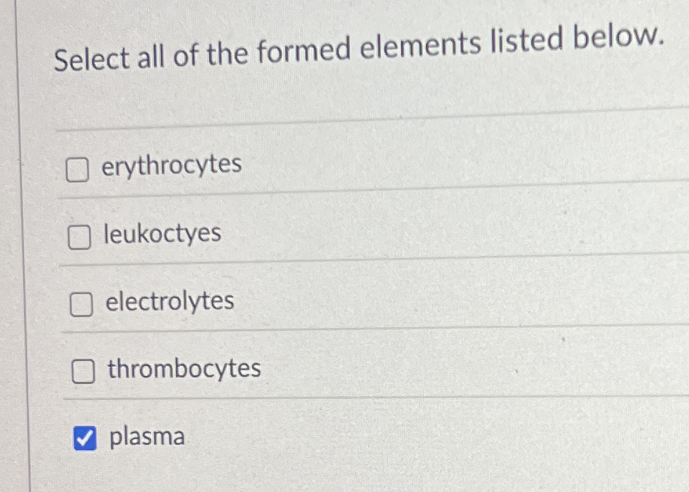 Solved Select all of the formed elements listed | Chegg.com