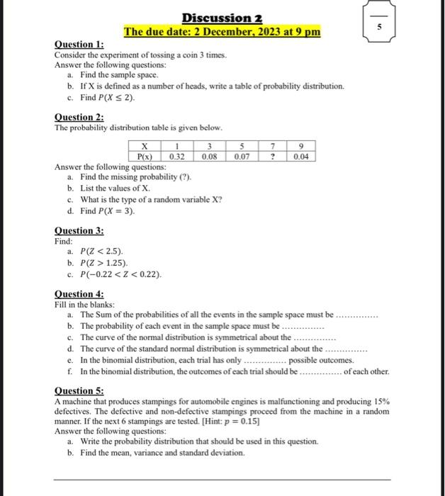 Solved Question 1: Consider the experiment of tossing a coin | Chegg.com