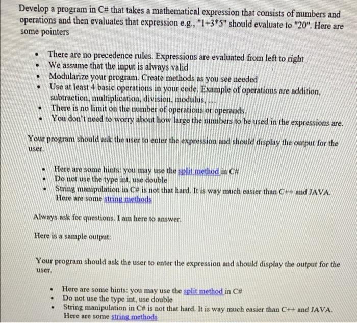 Solved a Develop a program in C# that takes a mathematical | Chegg.com
