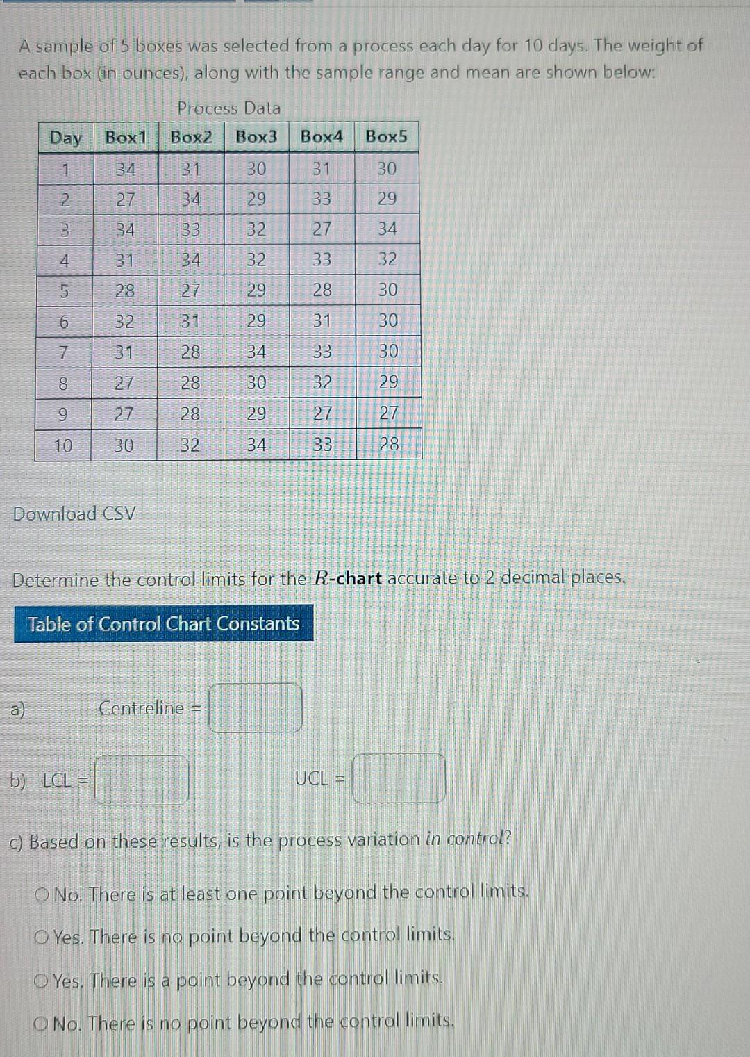 Solved A sample of 5 boxes was selected from a process each | Chegg.com