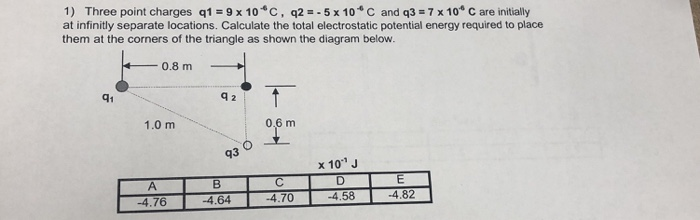 Solved 1) Three point charges q1 - 9x 10*c, q2 = -5x 10*C | Chegg.com