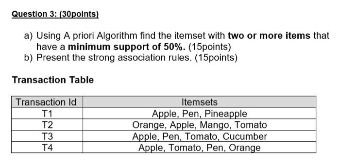 Solved Question 3: (30points) a) Using A priori Algorithm | Chegg.com