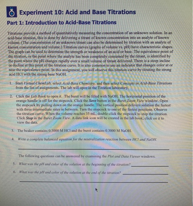 Solved Experiment 10: Acid and Base Titrations Part 1: | Chegg.com