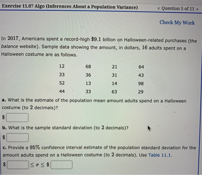 Solved Exercise 11.07 Algo (Inferences About a Population | Chegg.com