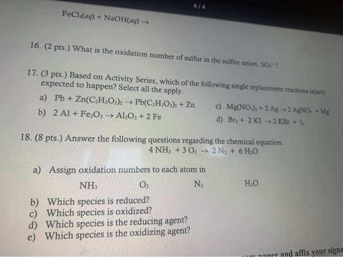 Solved FeCl3(aq) + NaOH(aq) → 16. (2 pts.) What is the | Chegg.com