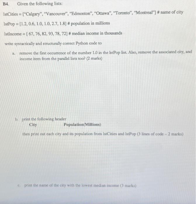 Solved B4. Given the following lists: 1stCities = | Chegg.com