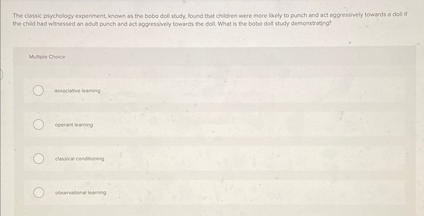 Solved The classic psychology experiment, known as the bobo | Chegg.com