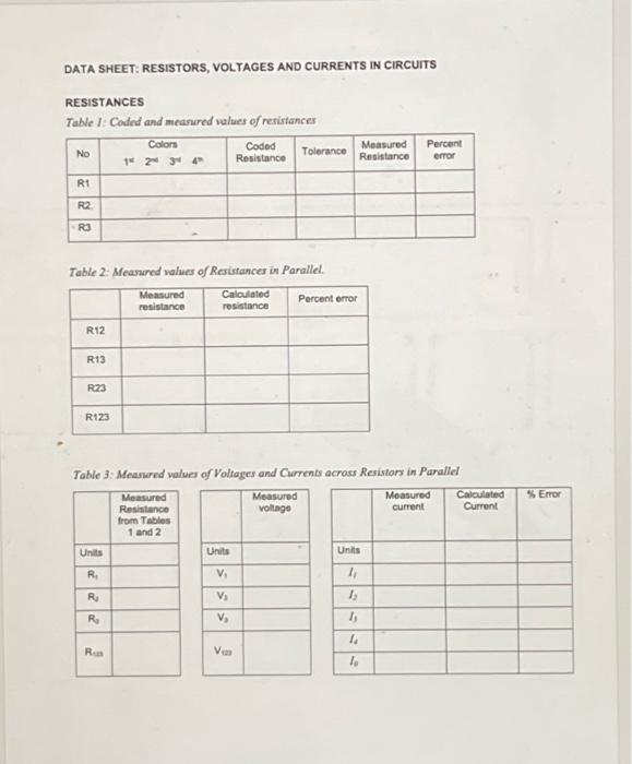 DATA SHEET: RESISTORS, VOLTAGES AND CURRENTS IN | Chegg.com