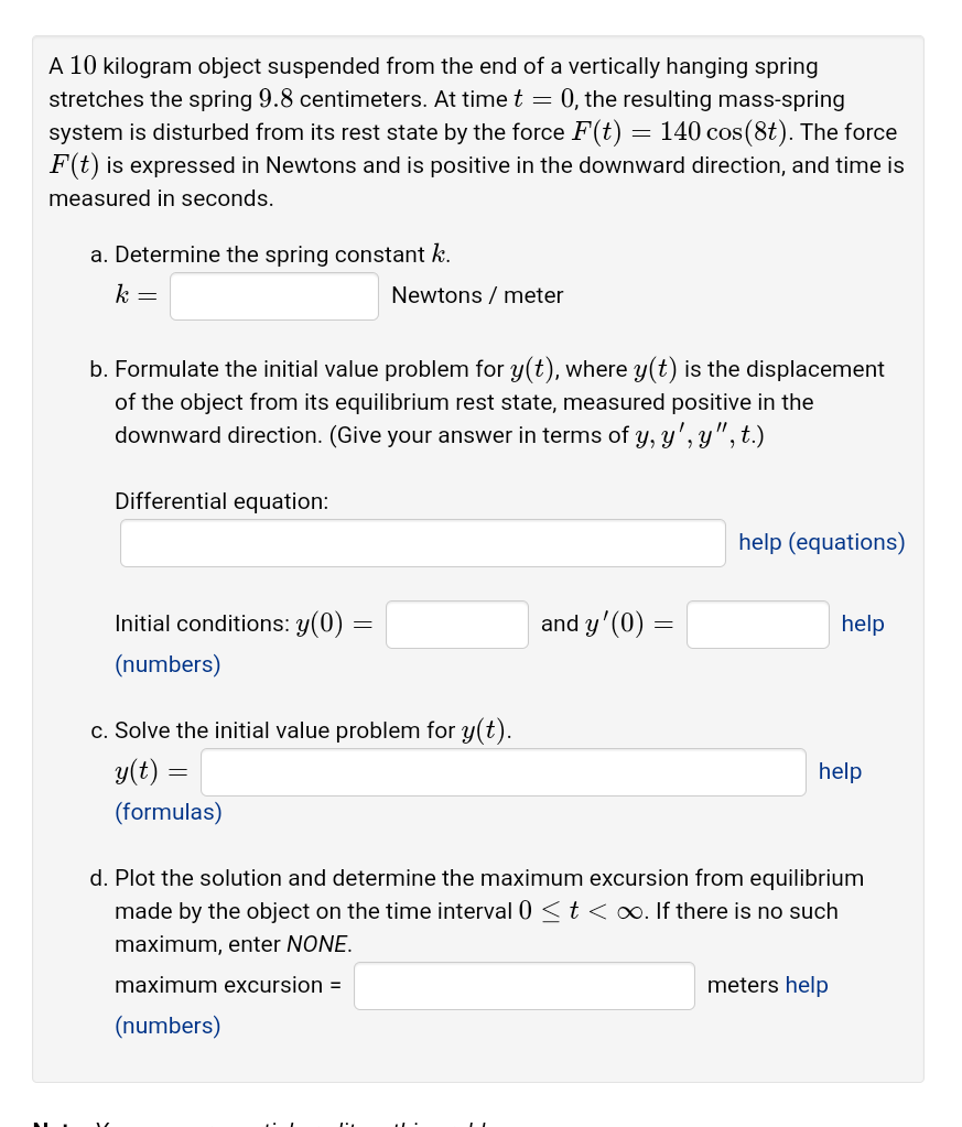 Solved A 10 kilogram object suspended from the end of a | Chegg.com