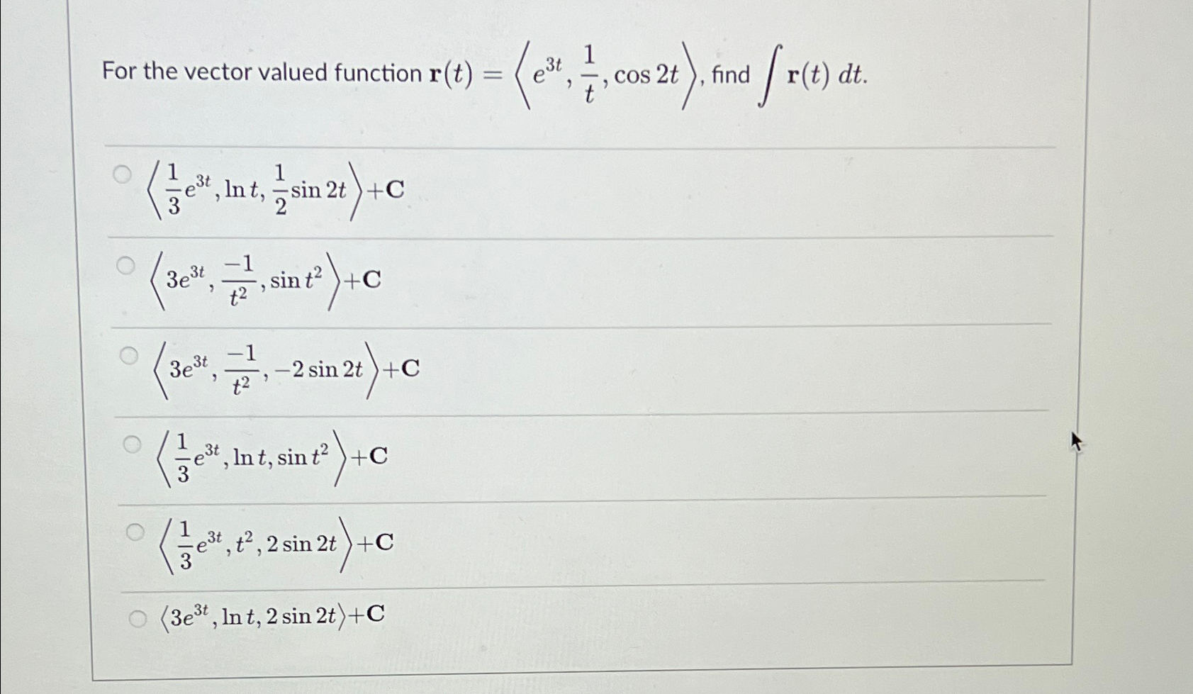 Solved For the vector valued function r(t)=(:e3t,1t,cos2t:), | Chegg.com