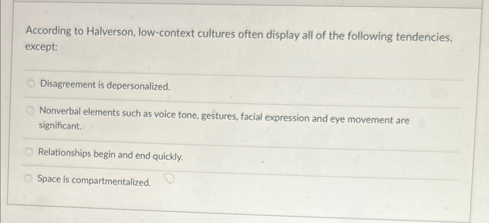 Solved According to Halverson, low-context cultures often | Chegg.com