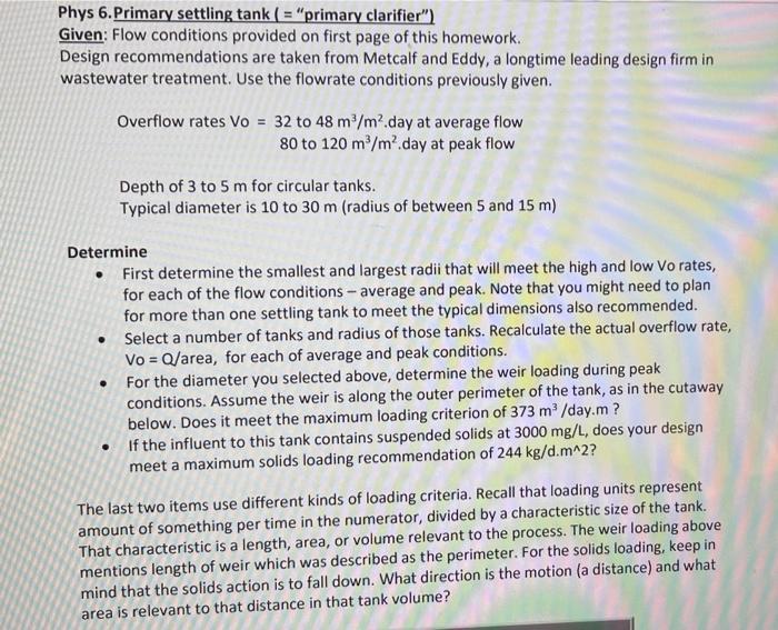 Solved Phys 6. Primary settling tank ( = "primary | Chegg.com